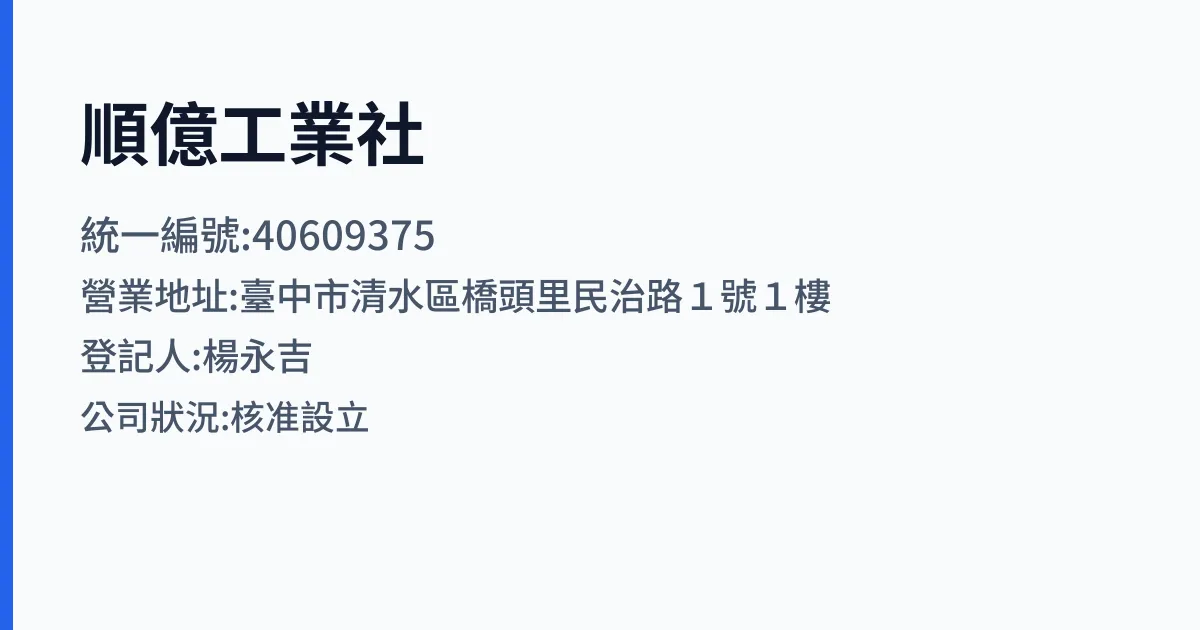 順億工業社 - 統編 40609375(臺中市) 公司登記資料與營業項目詳細圖表