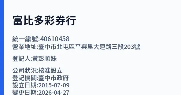 富比多彩券行的照片-統編 40610458(臺中市) 公司登記資料與營業項目詳細圖表