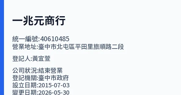 一兆元商行的照片-統編 40610485(臺中市) 公司登記資料與營業項目詳細圖表