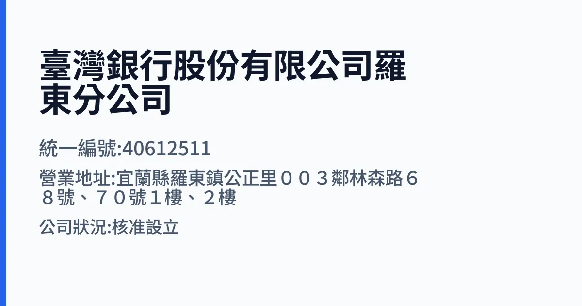 臺灣銀行股份有限公司羅東分公司 - 統編 40612511(宜蘭縣) 公司登記資料與營業項目詳細圖表