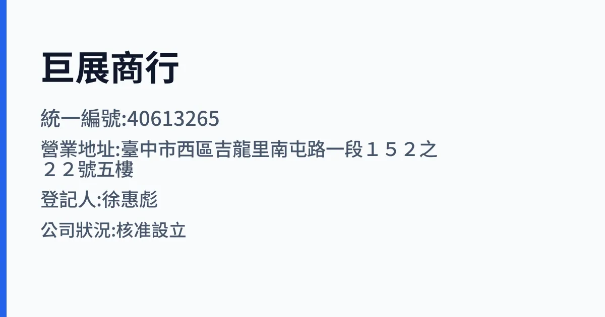 巨展商行 - 統編 40613265(臺中市) 公司登記資料與營業項目詳細圖表