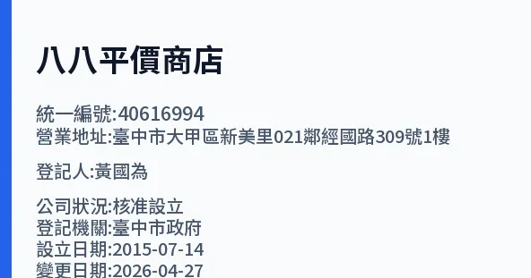 八八平價商店的照片-統編 40616994(臺中市) 公司登記資料與營業項目詳細圖表