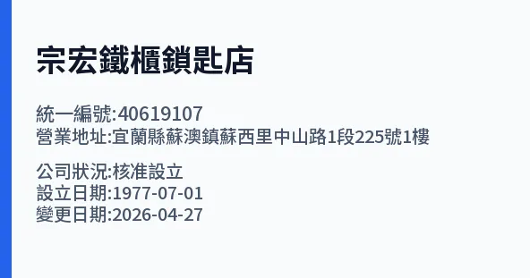 宗宏鐵櫃鎖匙店的照片-統編 40619107(宜蘭縣) 公司登記資料與營業項目詳細圖表