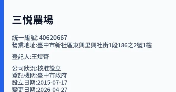 三悦農場的照片-統編 40620667(臺中市) 公司登記資料與營業項目詳細圖表