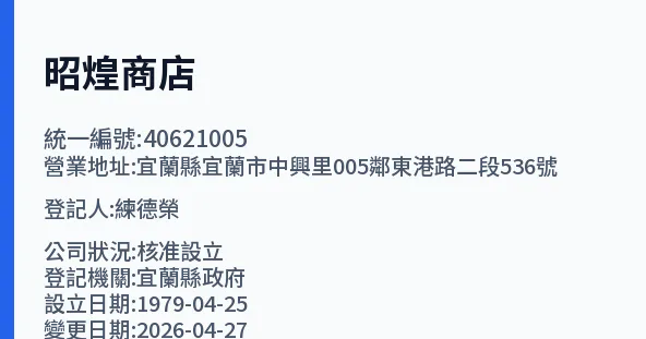 昭煌商店的照片-統編 40621005(宜蘭縣) 公司登記資料與營業項目詳細圖表