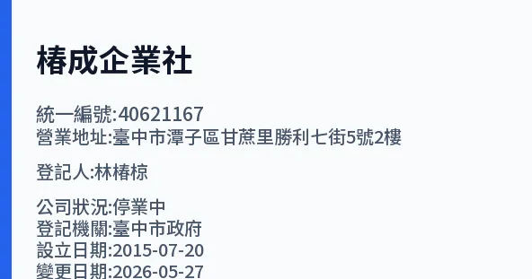 椿成企業社的照片-統編 40621167(臺中市) 公司登記資料與營業項目詳細圖表