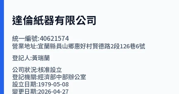 達倫紙器有限公司的照片-統編 40621574(宜蘭縣) 公司登記資料與營業項目詳細圖表