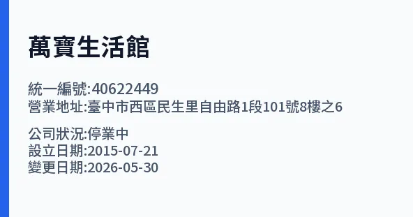 萬寶生活館的照片-統編 40622449(臺中市) 公司登記資料與營業項目詳細圖表