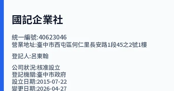 國記企業社的照片-統編 40623046(臺中市) 公司登記資料與營業項目詳細圖表