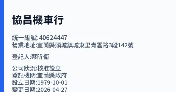協昌機車行的照片-統編 40624447(宜蘭縣) 公司登記資料與營業項目詳細圖表