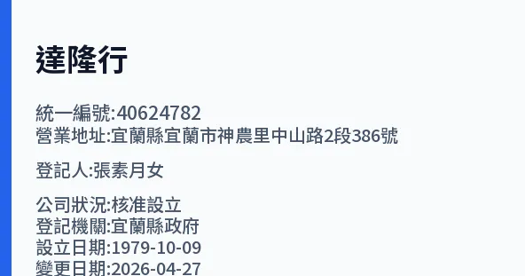 達隆行的照片-統編 40624782(宜蘭縣) 公司登記資料與營業項目詳細圖表