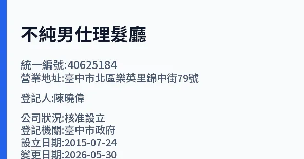 不純男仕理髮廳的照片-統編 40625184(臺中市) 公司登記資料與營業項目詳細圖表