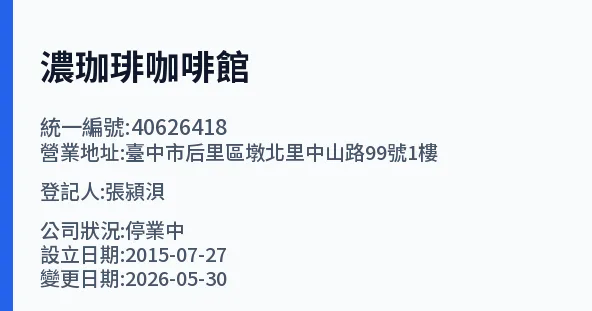 濃珈琲咖啡館的照片-統編 40626418(臺中市) 公司登記資料與營業項目詳細圖表