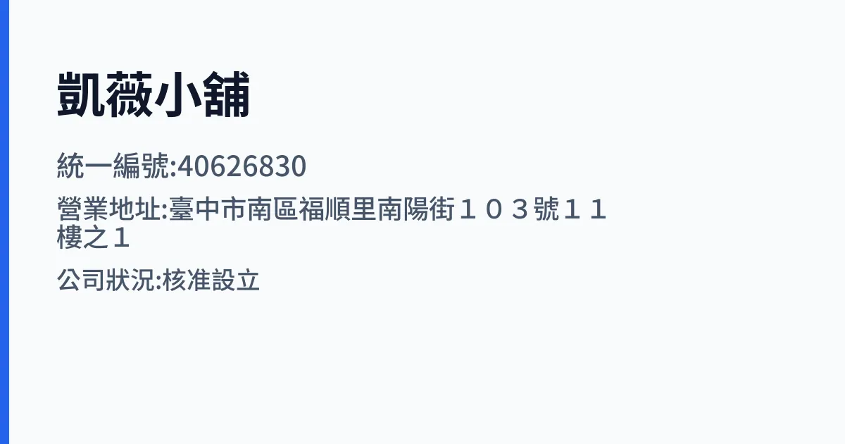凱薇小舖 - 統編 40626830(臺中市) 公司登記資料與營業項目詳細圖表