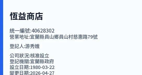 恆益商店的照片-統編 40628302(宜蘭縣) 公司登記資料與營業項目詳細圖表