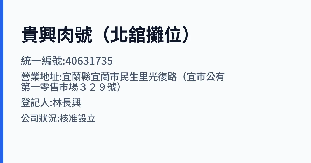 貴興肉號(北舘攤位) - 統編 40631735(宜蘭縣) 公司登記資料與營業項目詳細圖表