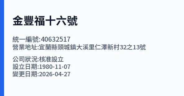 金豐福十六號的照片-統編 40632517(宜蘭縣) 公司登記資料與營業項目詳細圖表