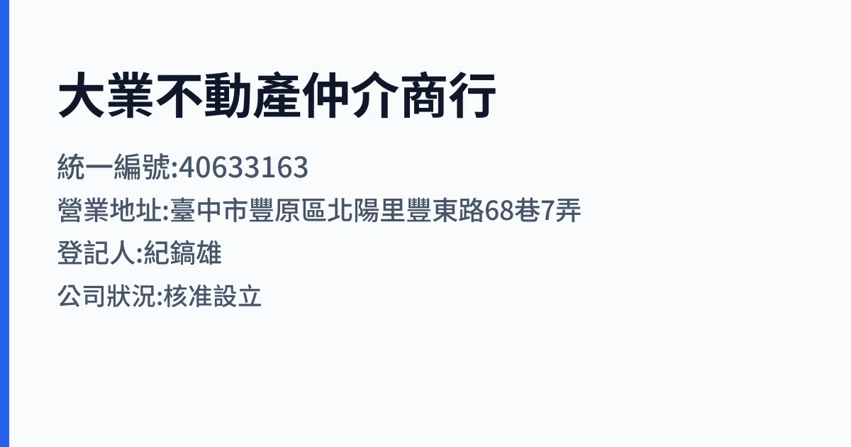 大業不動產仲介商行 - 統編 40633163(臺中市) 公司登記資料與營業項目詳細圖表