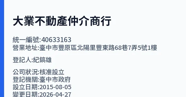 大業不動產仲介商行的照片-統編 40633163(臺中市) 公司登記資料與營業項目詳細圖表