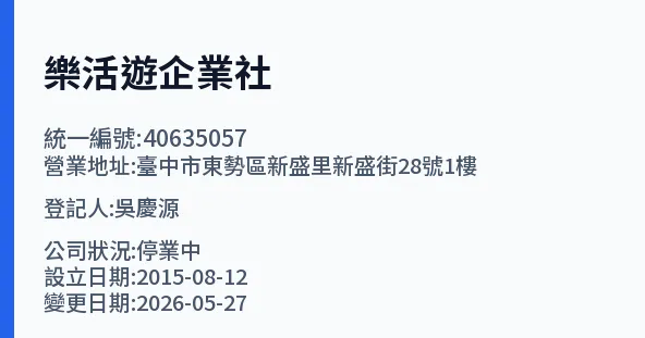 樂活遊企業社的照片-統編 40635057(臺中市) 公司登記資料與營業項目詳細圖表