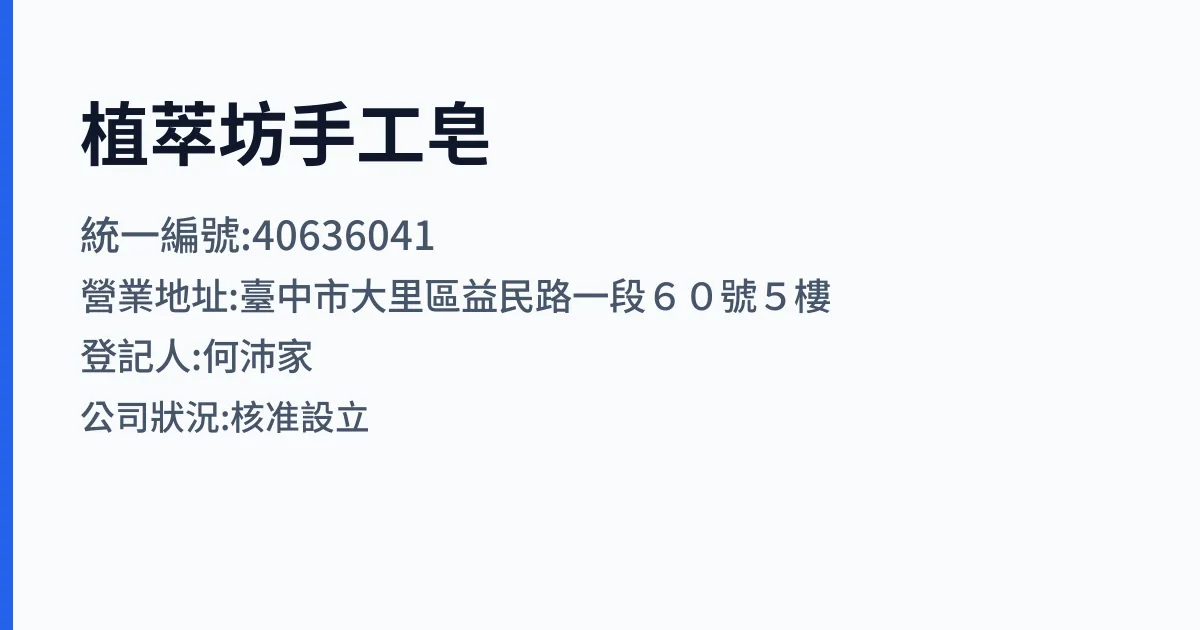 植萃坊手工皂 - 統編 40636041(臺中市) 公司登記資料與營業項目詳細圖表