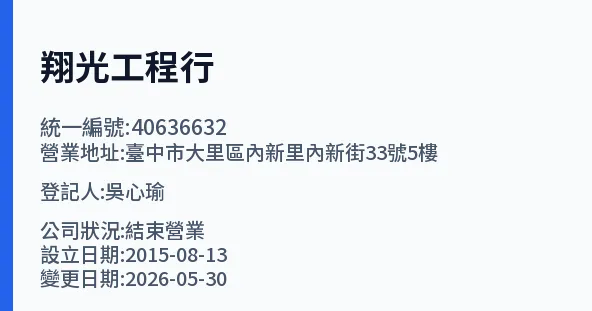 翔光工程行的照片-統編 40636632(臺中市) 公司登記資料與營業項目詳細圖表