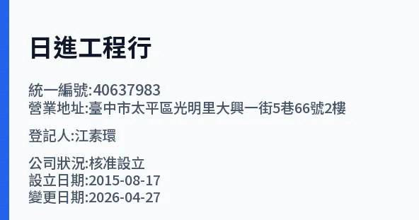 日進工程行的照片-統編 40637983(臺中市) 公司登記資料與營業項目詳細圖表
