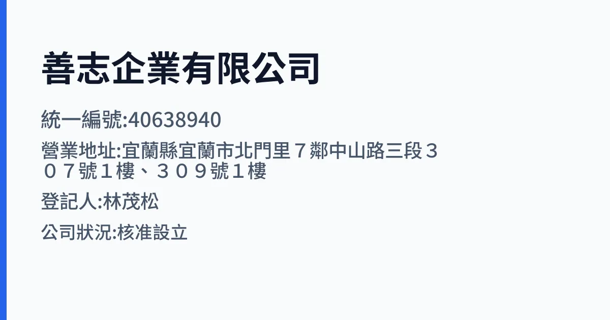 善志企業有限公司 - 統編 40638940(宜蘭縣) 公司登記資料與營業項目詳細圖表