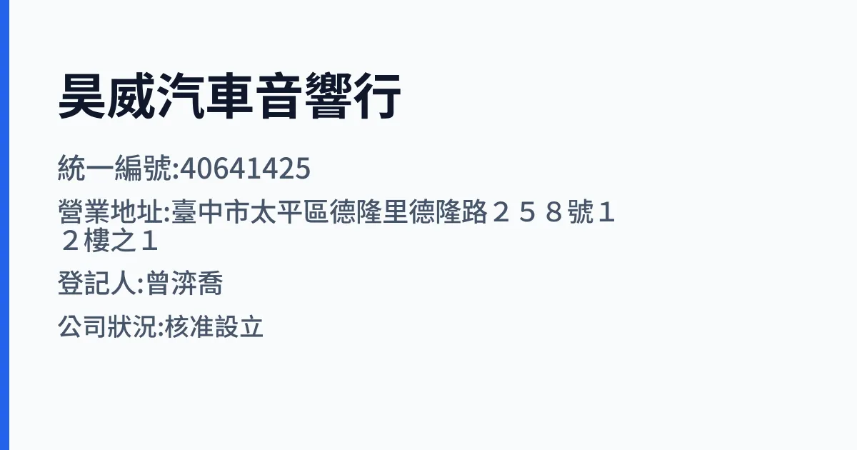 昊威汽車音響行 - 統編 40641425(臺中市) 公司登記資料與營業項目詳細圖表