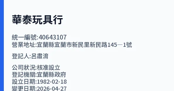 華泰玩具行的照片-統編 40643107(宜蘭縣) 公司登記資料與營業項目詳細圖表