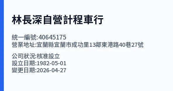 林長深自營計程車行的照片-統編 40645175(宜蘭縣) 公司登記資料與營業項目詳細圖表