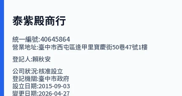 泰紫殿商行的照片-統編 40645864(臺中市) 公司登記資料與營業項目詳細圖表