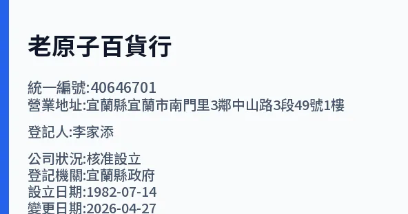 老原子百貨行的照片-統編 40646701(宜蘭縣) 公司登記資料與營業項目詳細圖表