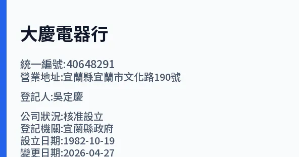 大慶電器行的照片-統編 40648291(宜蘭縣) 公司登記資料與營業項目詳細圖表