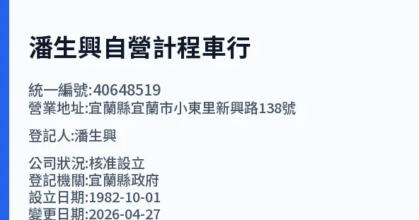 潘生興自營計程車行的照片-統編 40648519(宜蘭縣) 公司登記資料與營業項目詳細圖表