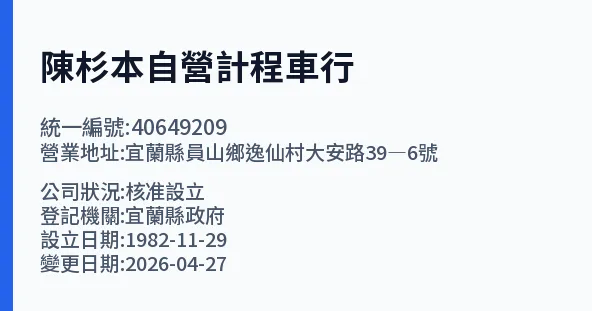 陳杉本自營計程車行的照片-統編 40649209(宜蘭縣) 公司登記資料與營業項目詳細圖表