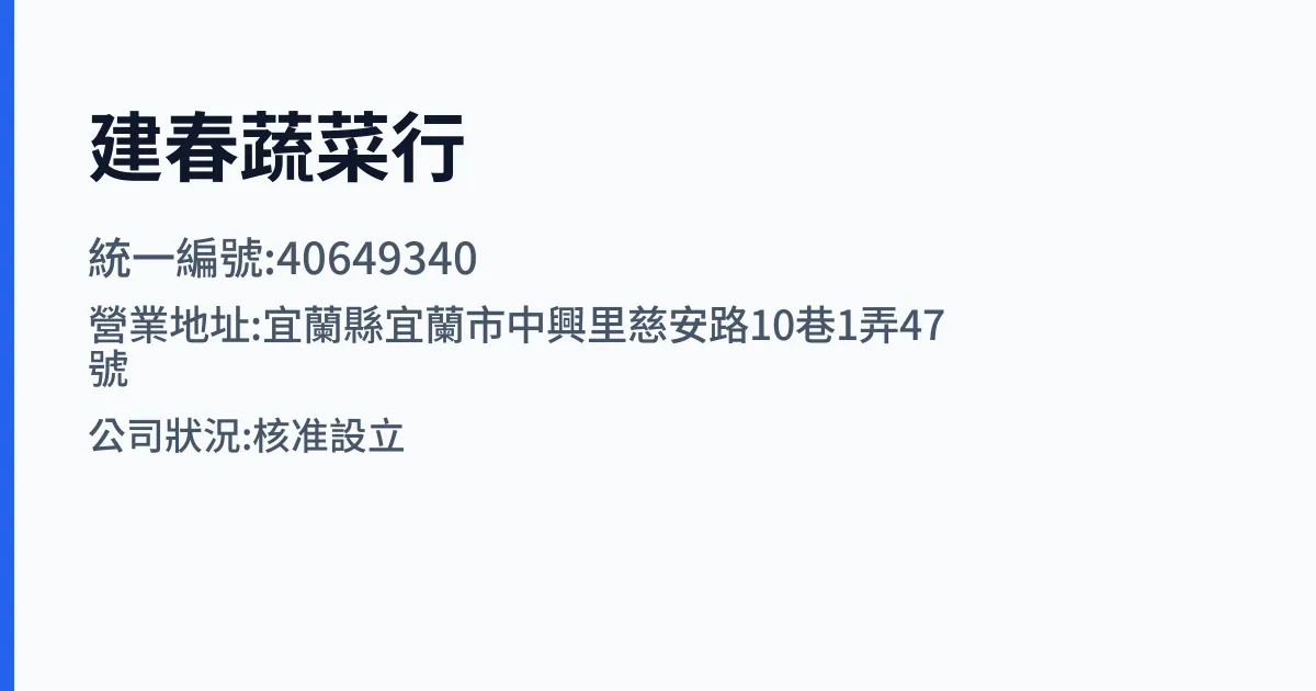建春蔬菜行 - 統編 40649340(宜蘭縣) 公司登記資料與營業項目詳細圖表
