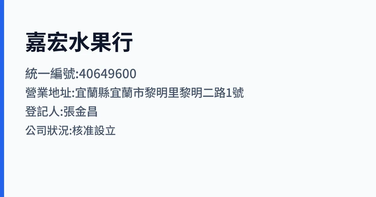 嘉宏水果行 - 統編 40649600(宜蘭縣) 公司登記資料與營業項目詳細圖表