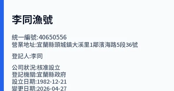 李同漁號的照片-統編 40650556(宜蘭縣) 公司登記資料與營業項目詳細圖表