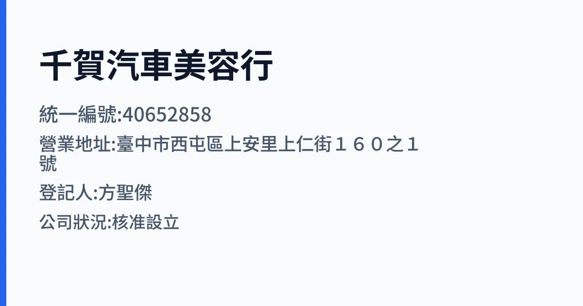 千賀汽車美容行 - 統編 40652858(臺中市) 公司登記資料與營業項目詳細圖表