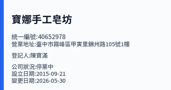 寶娜手工皂坊的照片-統編 40652978(臺中市) 公司登記資料與營業項目詳細圖表