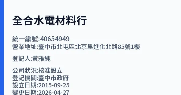全合水電材料行的照片-統編 40654949(臺中市) 公司登記資料與營業項目詳細圖表