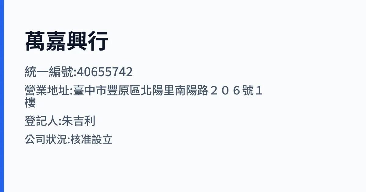 萬嘉興行 - 統編 40655742(臺中市) 公司登記資料與營業項目詳細圖表