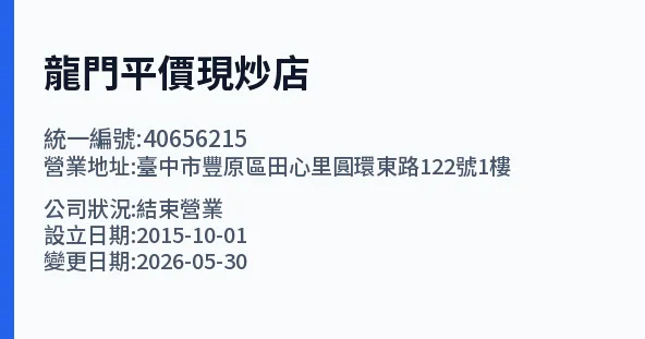 龍門平價現炒店的照片-統編 40656215(臺中市) 公司登記資料與營業項目詳細圖表