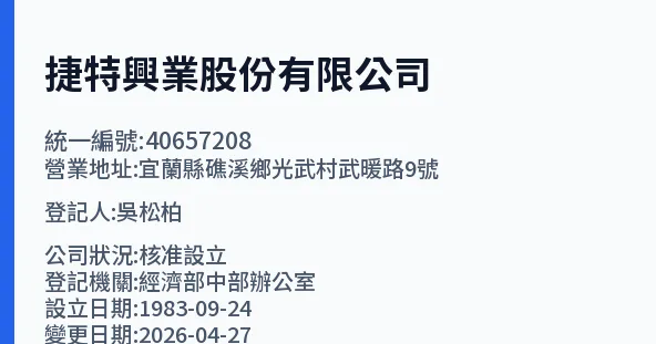 捷特興業股份有限公司的照片-統編 40657208(宜蘭縣) 公司登記資料與營業項目詳細圖表