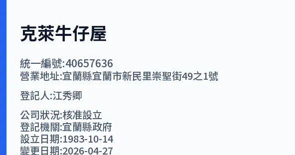 克萊牛仔屋的照片-統編 40657636(宜蘭縣) 公司登記資料與營業項目詳細圖表