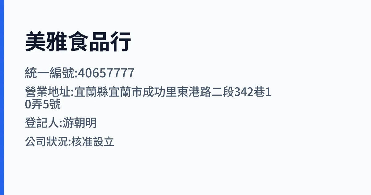 美雅食品行 - 統編 40657777(宜蘭縣) 公司登記資料與營業項目詳細圖表