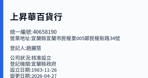 上昇華百貨行的照片-統編 40658190(宜蘭縣) 公司登記資料與營業項目詳細圖表