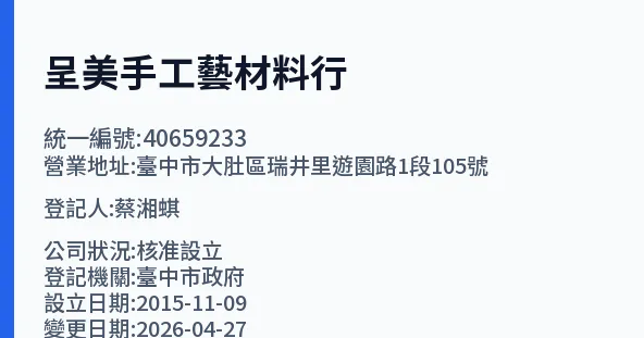 呈美手工藝材料行的照片-統編 40659233(臺中市) 公司登記資料與營業項目詳細圖表