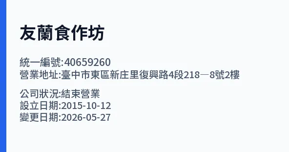 友蘭食作坊的照片-統編 40659260(臺中市) 公司登記資料與營業項目詳細圖表